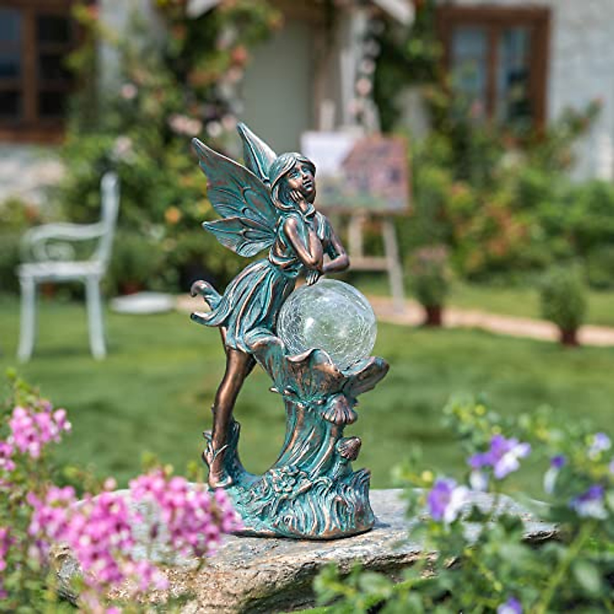 TERESA'S COLLECTIONS Solar Garden Fairy Statue, Outdoor Patina Bronze Fairy Sculptures with Crackle Glass, Garden Figurines Lawn Ornaments Garden Art for Balcony Patio Yard Decor 12.4 Inch