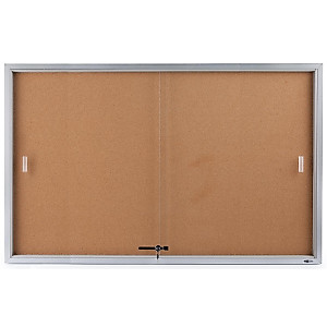 5' x 3' Enclosed Bulletin Board with Sliding Glass Doors, Cork Board Display Surface, 60" x 36" Message Board for Wall Mount, Mounting Bracket Included, Silver, Aluminum Frame
