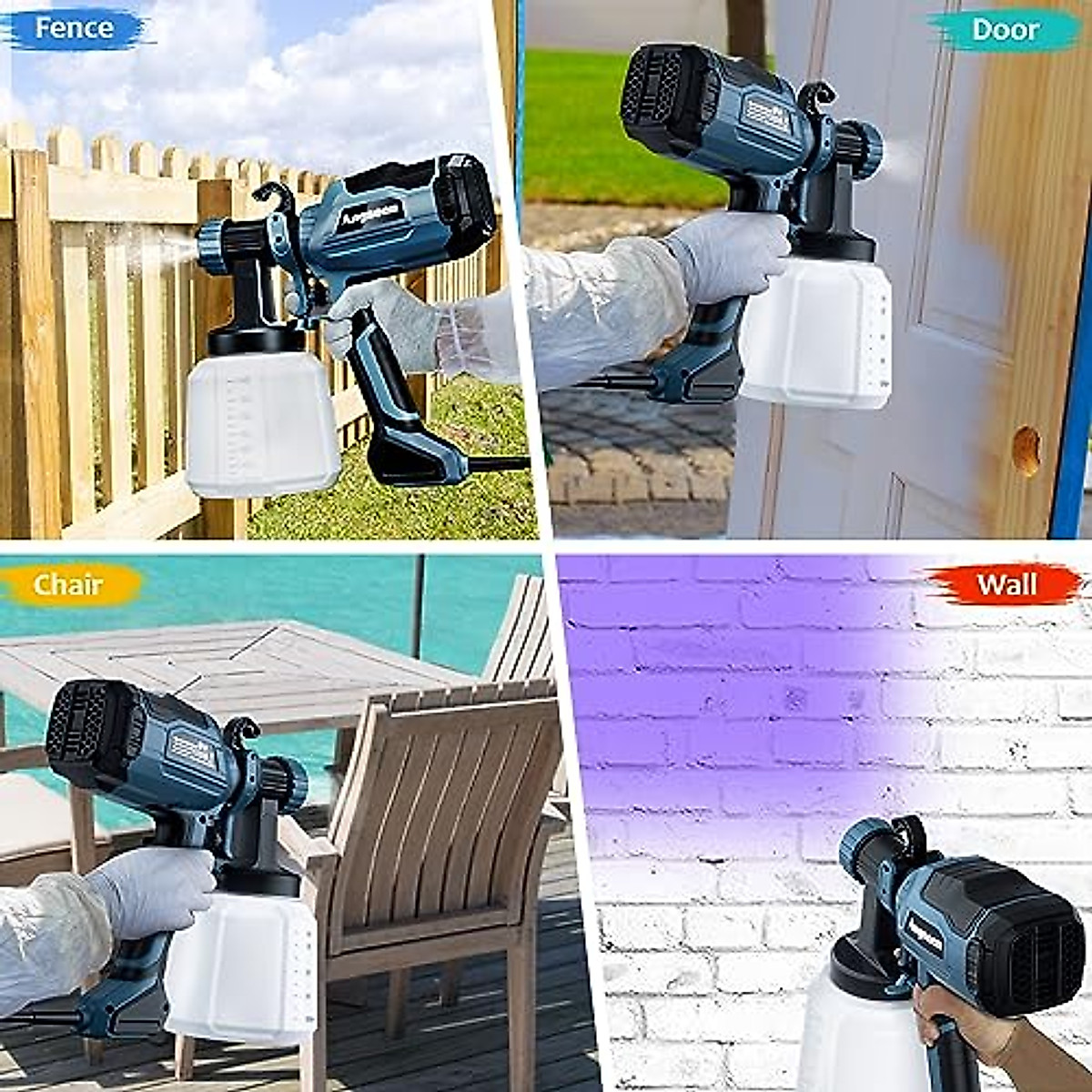Paint Sprayer, Angseen HVLP Electric Spray Paint Gun with 4 Copper Nozzles & 3 Spray Patterns, Not Easy to Clog, Spray evenly. Paint Sprayers for Home Interior and Exterior, Furniture, Fence, Walls