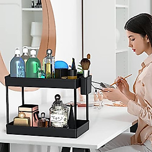 Under Sink Organizers and Storage 2 PCS, 2 Size Multi-Usage Storage Shelf with Hooks, 2 Tier Under Cabinet Basket Organizer for Kitchen Bathroom, Under the Sink Standing Stackable Rack for Bath