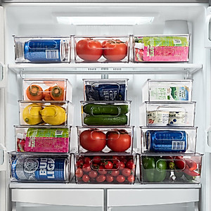 MASSUGAR Refrigerator Organizer Bins with Lid, 12 Pack Plastic Freezer Organizer Bins - Stackable Fridge Organizers and Storage for Freezer, Kitchen - Clear Pantry Organization and Storage Bins