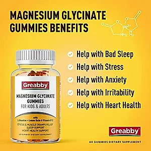 Magnesium Glycinate Gummies with Vitamin B12 - Magnesium Gummies chewable for Kids & Adults, L-Theanine for Cognitive, Magnesium Glycinate for Stress Relief, Sleep Support & Muscle Cramps(60Count)