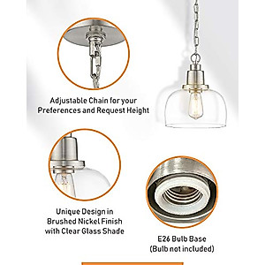 EAPUDUN Modern Farmhouse Pendant Light, 1-Light Industrial Hanging Light Fixture 9.3-inch, Brushed Nickel Finish with Clear Glass Shade, PDA1127-BNK
