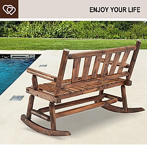 FURNDOOR Outdoor Wooden Rocking Double Chair, Rustic Log Porch Rocking Bench Rocker Chair for Patio, Backyard, Garden (2-Seat), Brown