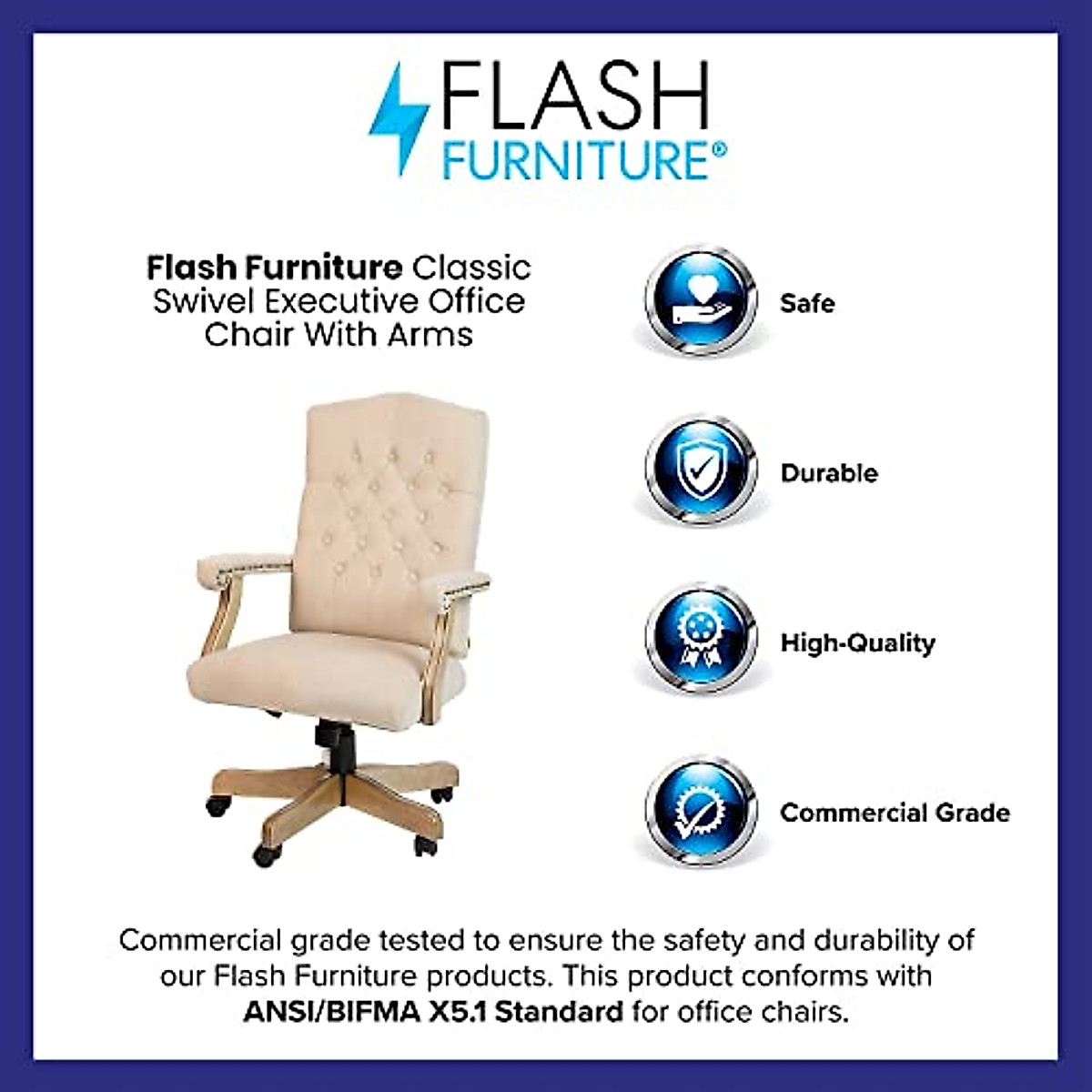 Flash Furniture Traditional Office Chair - Ivory Microfiber Tufted Swivel Office Chair - Home Office Desk Chair with Driftwood Base