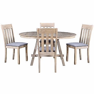 BIADNBZ 5-Piece Dining Table Set with Round Extendable Tabletop and 4 Padded Chairs, Modern Kitchen Furniture for DiningRoom, Space Saving Design, Natural Wood Wash