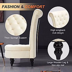 AVAWING Throne Royal Chair Set of 1 for Living Room, Button-Tufted Accent Armless High Back Chair with 24.6 Inch Larger Seat, Thick Padding and Rubberwood Legs, Cream White