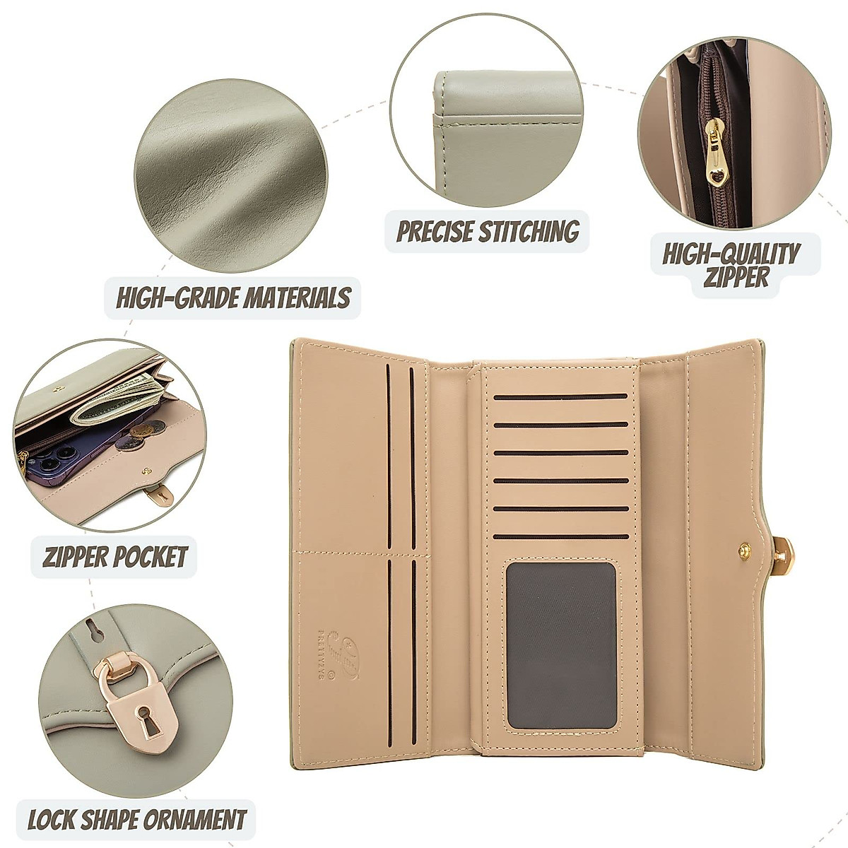 PRETTYZYS Large Capacity Trifold Clutch Wallet for Women – Handmade, RFID Blocking, Handbag with Cash, Coins, Credit Cards Compartments - Simple, Cute Purse for Ladies, Teenage Girls – Green