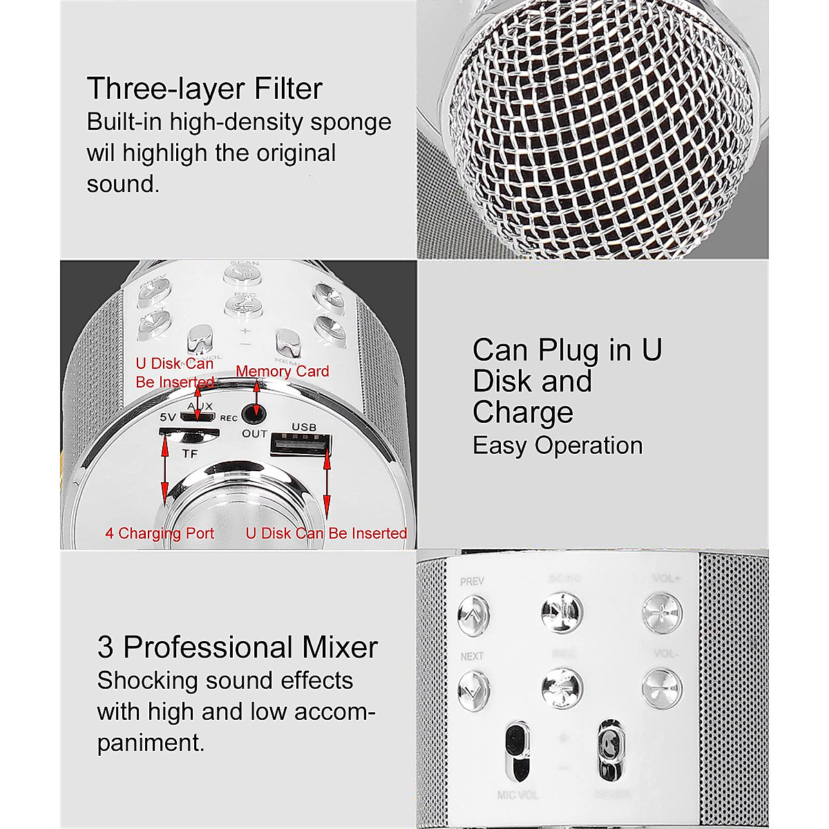 WS-858 Bluetooth Karaoke Microphone Recording 3-in-1 Handheld Portable Mic Speaker Machine Music Player Recorder for Karaoke Party Wedding Meeting