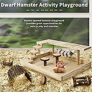 Hamiledyi Dwarf Hamster Activity Playground Natural Wood Gerbil Climbing Platform Mice Living Gym System Set Syrian Exercise Cage Accessories with Lava Stone String Chewing Toy Ladder Bridge Ramp