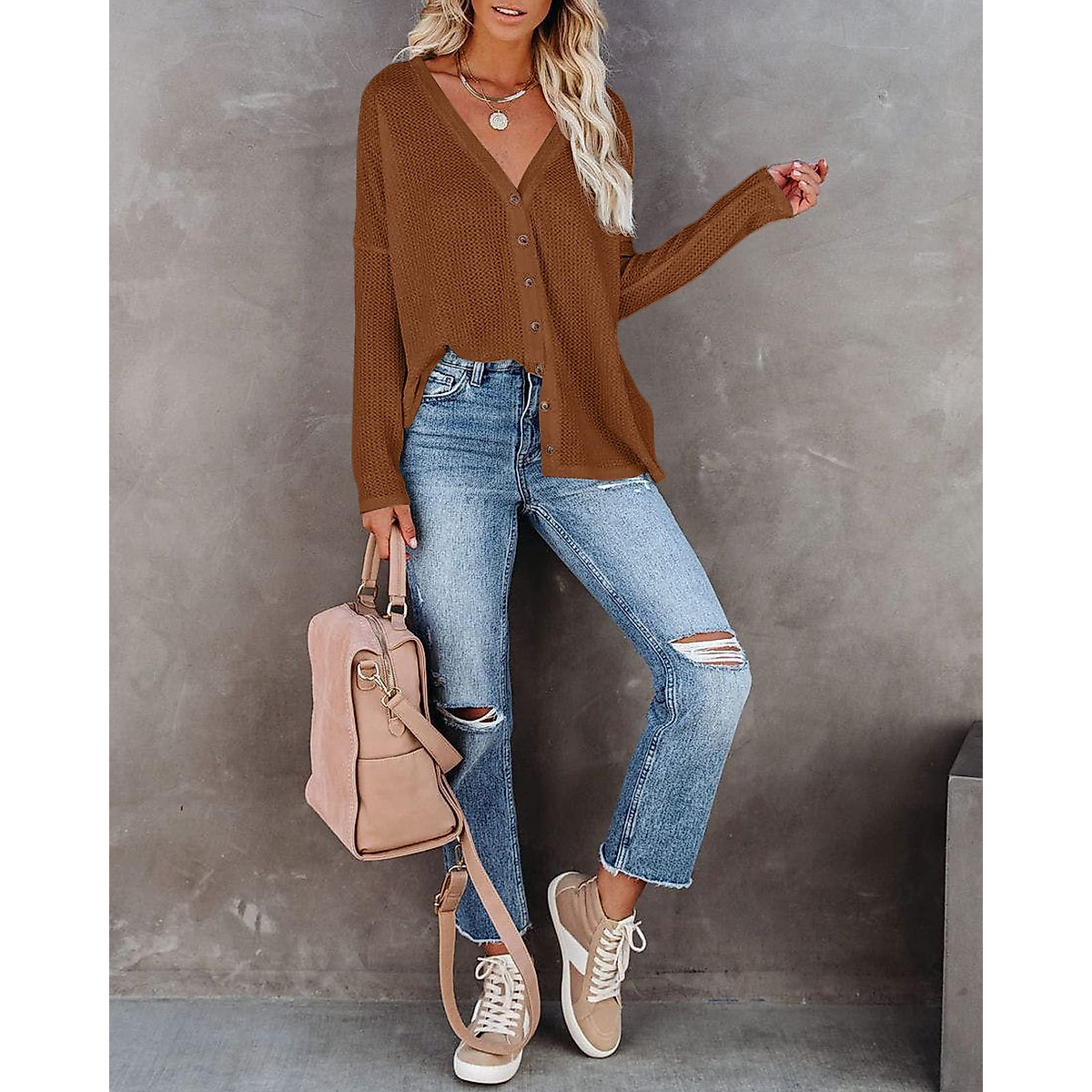 Newffr Women's V Neck Waffle Knit Blouses Button Down Shirts Casual Long Sleeve Tunic Cardigan Tops Caramel