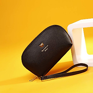 Leather Wallet for Women, Genuine Leather Ladies Clutch Wallet With Wristlet Card Holder Zipper Coin Pocket (black)