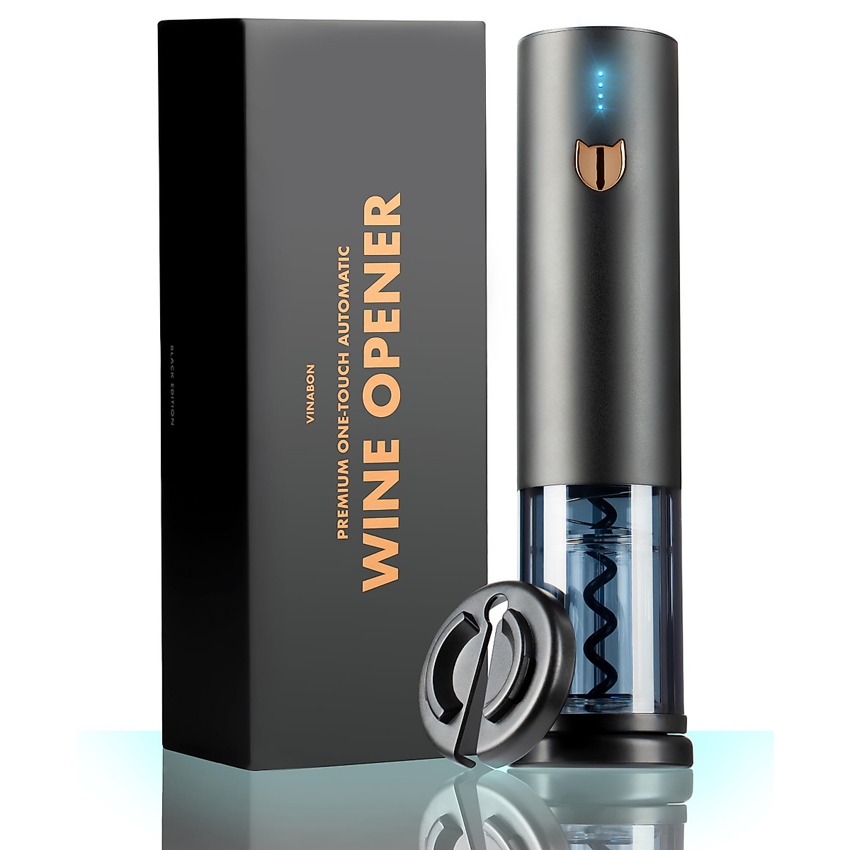 VINABON Electric Wine Opener - Premium 2025 Rechargeable Wine Bottle Opener Corkscrew with Foil Cutter, One-Touch Automatic Operation & LED Lights. Includes Wine Guide eBook