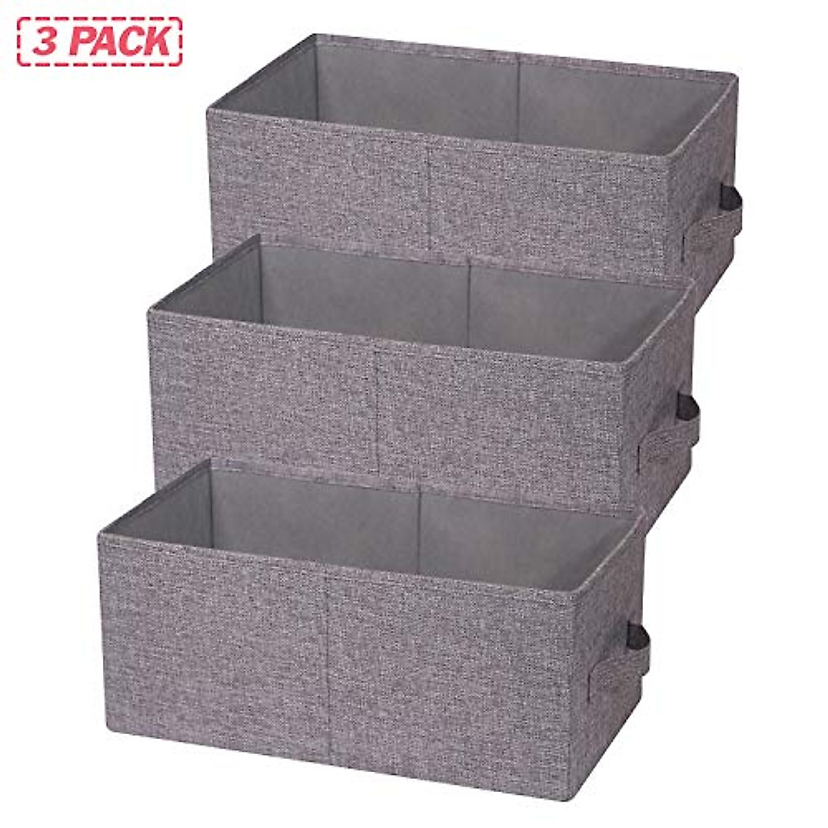 Set of 3 Closet Organizer Bins with Handle, Linen Fabric Foldable Storage Baskets Cloth Box Containers for Shelves Nursery Home Office Kids Toys Baby Clothes Clothing Large