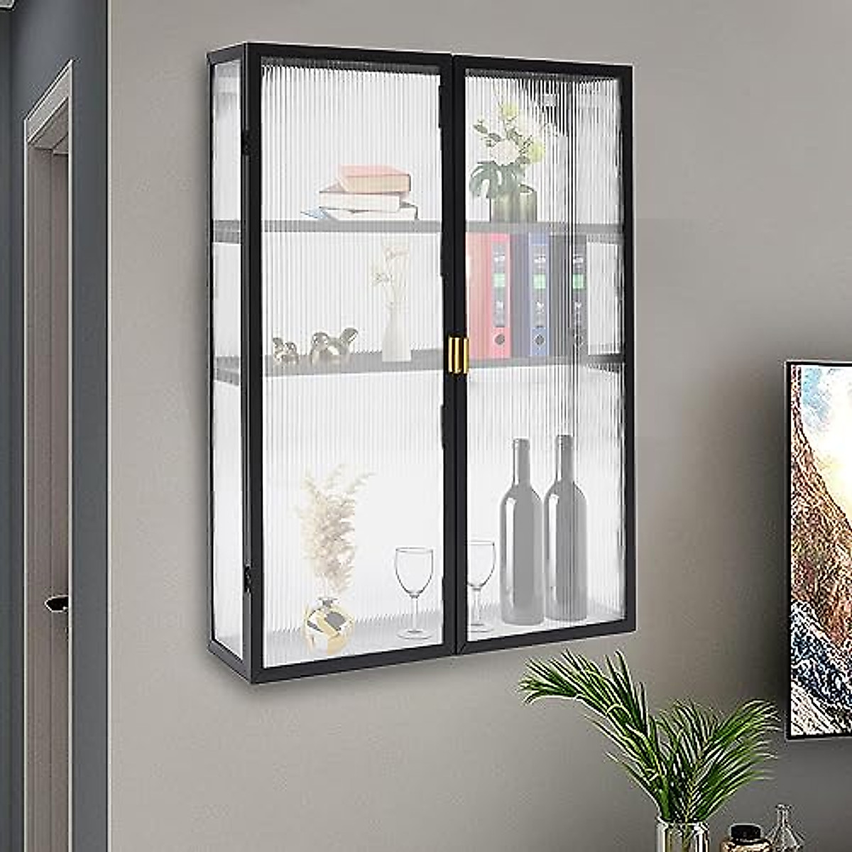 JINHZIXIU Retro Style Haze Double PC Door Wall Cabinet Display Cupboard with Detachable Shelves Enclosed Storage Cabinet for Office Dining Room Living Room Kitchen Bathroom Black