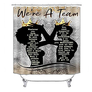 Fashion&Man OLEBETY 4PCS African American Shower Curtain Set, RomanticCouple Black Queen King Luxury GoldCrown Grey Mandala Flower Inspirational Quotes Bathroom Decor, Non-Slip Bath Mat, We're A Team