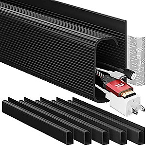 EVEO Cable Management 96'' J Channel-6 Pack Cord Cover- Cable Raceway - Cable Management Under Desk, Adhesive Stripe Built-in 6X16in- Easy to Install Desk Cord Organizer- Cable management tray, Black
