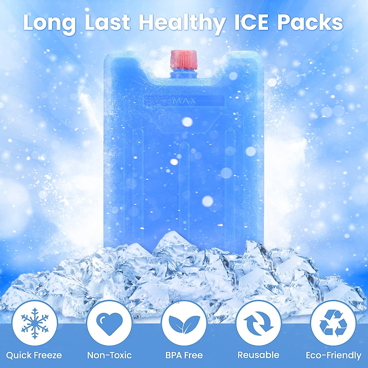 Ice Packs Replacement for Coolers, One Reusable Ice Packs, Fast Freeze & Long Lasting Freezer Packs for Lunch Containers, Backpack, Cooler Fan, Picnics, Camping, Beach, Fishing