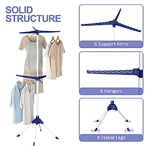APEXCHASER Clothes Drying Rack, 2-Tier Collapsible Four-Legged Clothing Rack, 6 Arms for Hangers, Portable Garment Rack, Foldable Laundry Drying Rack, Blue