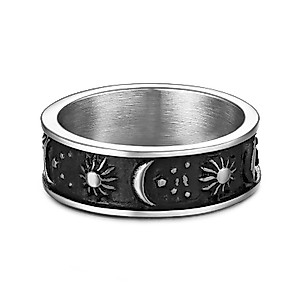 HZMAN 8mm Moon Star Sun Statement Ring Stainless Steel Boho Jewelry for Women Men (Silver, 7)