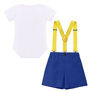 1st First Birthday Outfit Baby Boy Cake Smash One Year Old Party Newborn Toddler Bow Tie Cotton Short Sleeve Romper Shorts Pants Y-back Suspenders 3PCS Clothes Set Photo Shoot Royal Blue 12-18 Months