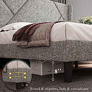 iPormis Queen Size Platform Bed Frame with Headboard, Upholstered Bed Frame with Solid Wood Slats, 8" Storage Space, No Box Spring Needed, Easy Assembly, Light Grey