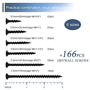 JEGONFRI High Hardness Drywall Screws Assortment Kit, 166 pcs, Coarse Thread, Phillips Drive, Black Wood Screws, Screws Assortment, Screws Set, 6 Sizes (3”,2”,1-1/2”,1-1/4”,1”,3/4”)