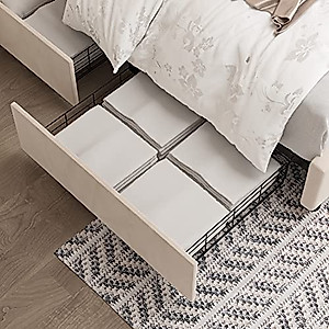 King Bed Frame with Storage and Adjustable Headboard, Bed Frame with 4 Drawers and Wooden Slats Support, No Box Spring Needed, Velvet, Beige