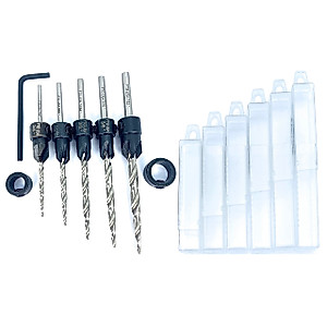 FTG USA Wood Countersink Drill Bit Set 5 Pc Countersink Drill bit #4#6#8#10#12 HSS M2 Tapered Drill Bits with Straight Shank Countersink bit, 2 Stop Collar, 1 Hex Wrench, 6 Countersink Storage Boxes
