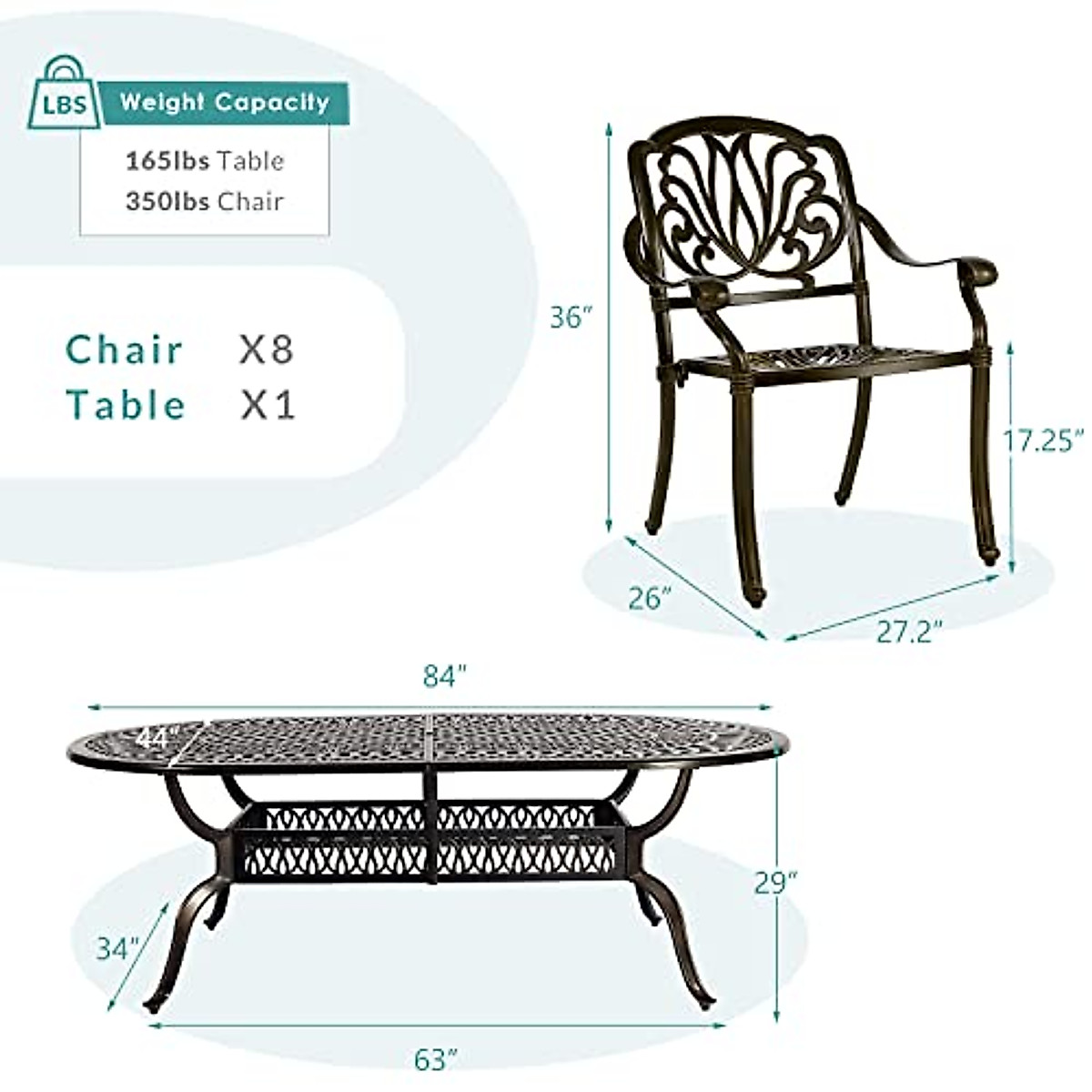 MEETWARM 9-Piece Outdoor Patio Dining Set, 8 Outdoor Dining Chairs and 1 Oval Table with 2" Umbrella Hole, All Weather Cast Aluminum Patio Funiture Set for Backyard, Patio, Garden
