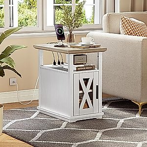 YITAHOME End Table with Charging Station, Narrow Side Table with Storage Adjustable Shelf, Farmhouse Nightstand with Door for Living Room, Bedroom, Grey Wash