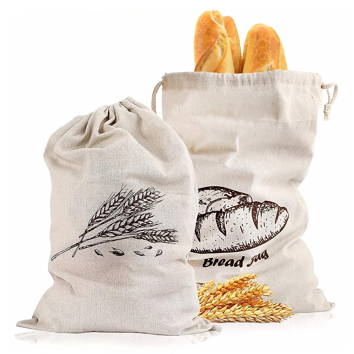 Reusable Linen Bread Bags for Homemade Bread Container, Set of 2 Reusable Bread Storage, Natural Large Storage for Artisan Bread (Unbleached)