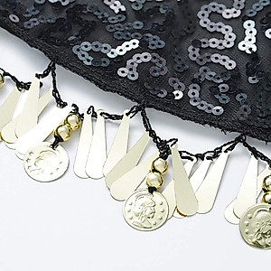 Kakaco Women Belly Dance Skirt Sequin Wrap Skirts Rave Hip Scarf Skirt Costume (Black)