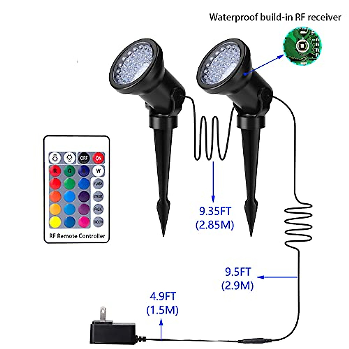 Garden Spotlights, IP66 Waterproof 36 LEDs Multi Colored Landscape Lights RGB Remote Control Outdoor Spotlights with Spiked Stand for Garden Yard Patio Lawn House Flag Tree Statue Pathway - Set of 2