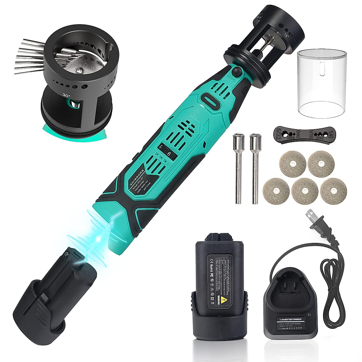 3mirrors Cordless Tungsten Electrode Sharpener Grinder TIG Welding w/ 6-Speed Rechargeable Rotary Multi Tool 24 Guides Multi-Angle w/Healthy Dust Cover, Charger, 5 Pro Diamond Wheels, 2 CNC Mandrels