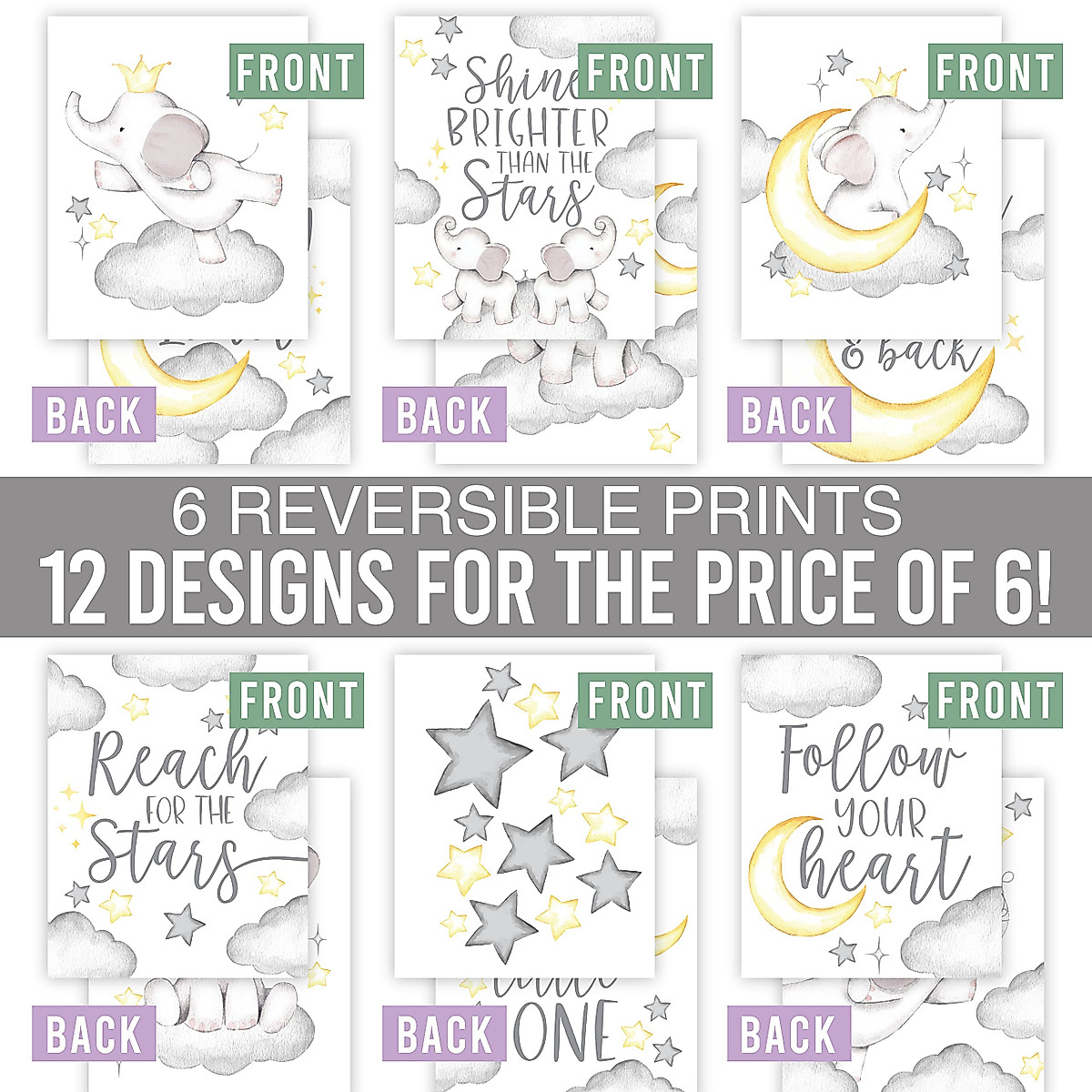 Hadley Designs 6 Reversible 8x10 Elephant Nursery Decor Wall Art Prints For Bedroom Posters, Baby Elephant Baby Shower Decorations For Wall Art Prints, Stars and Moon Nursery Decor