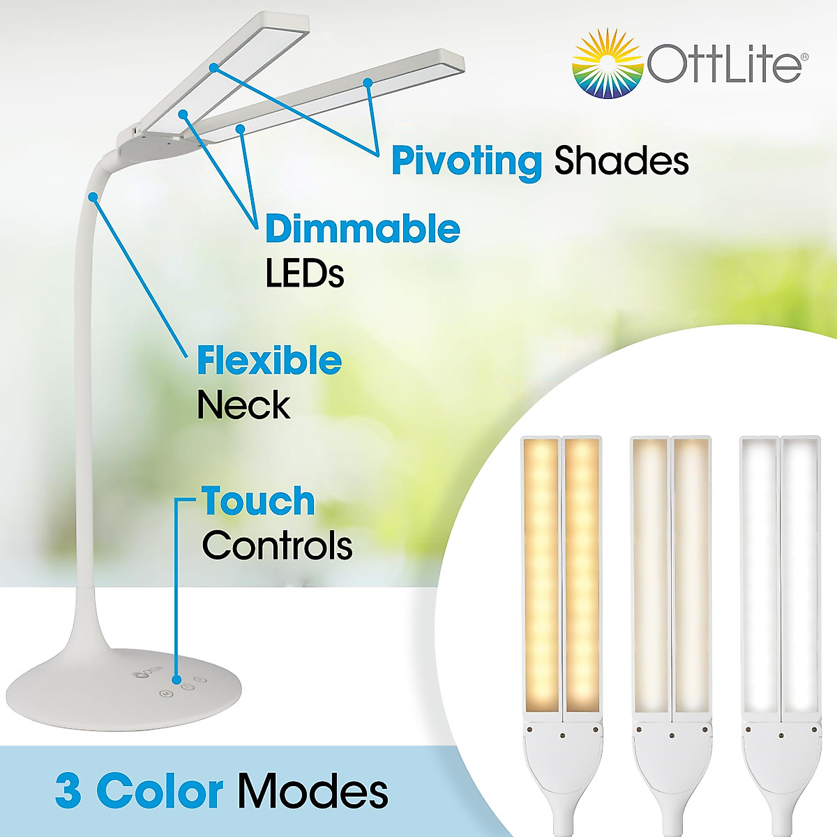 OttLite Pivot LED Desk Lamp, Dual Shade Desk - 3 Color Temperature Modes, Auto Shut-Off Timer, Adjustable Neck & Touch Activated Controls - Crafting, Sewing, & Studying