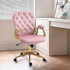 cayglow Velvet Home Office Desk Chair Comfy with Gold Legs and Arms, Comfortable Makeup Vanity Chair with Back and Wheels, Button Tufted Armchair Swivel Rolling Chair for Girls Women Bedroom,Pink