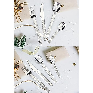 Silverware Set Flatware Cutlery Geometric Hammered Stainless Steel Kitchen Utensils Tableware，Mirror Finished，Service with Steak Knives Dinner Fork Knife Spoon