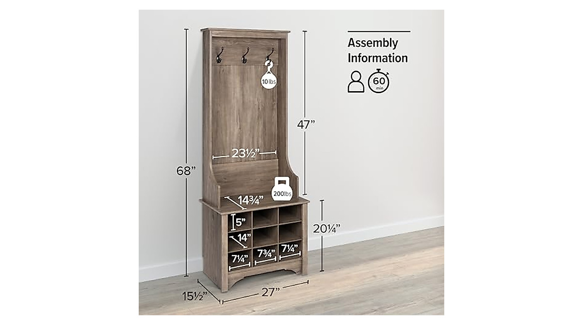 Prepac Narrow Hall Tree: 9 Shoe Cubbies & Bench