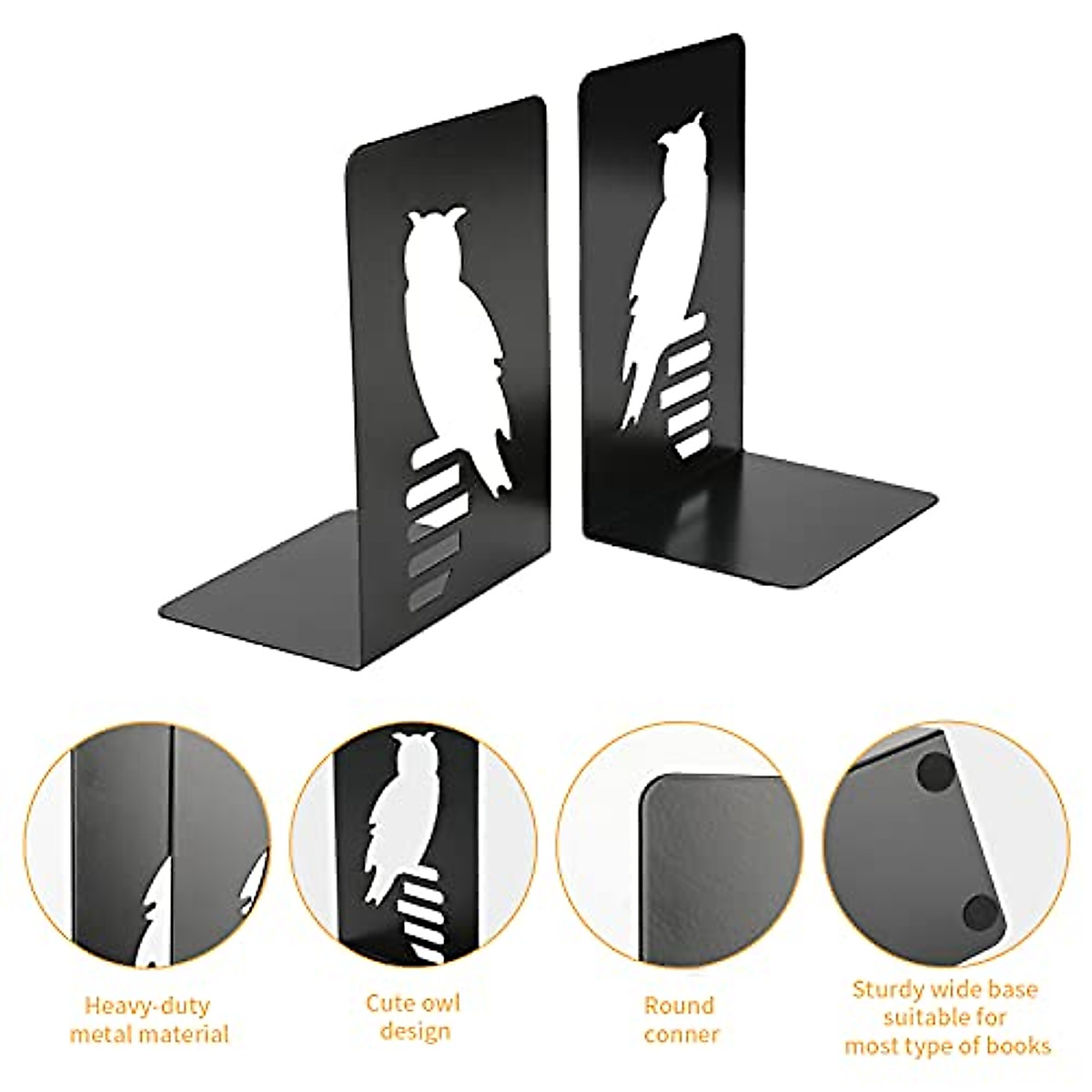 Bookends, Book Ends, Metal Bookend Heavy Duty Bookends for Shelve, Black Book Supports Non-Skid Book Stopper Cute Owl Bookshelf Holder for Office Home School, 1 Pair