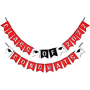 Class of 2022 Congrats Banner - Perfect Graduation Decorations Party Supplies for Grad Party Bunting White Black Red