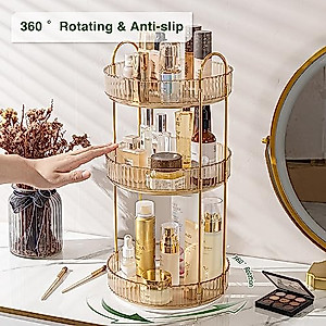 CICUFY Rotating Makeup Organizer Acrylic Perfume Organizer Clear Skincare Organizer Cosmetics Organizer for Vanity Countertop-3 Tier Gold