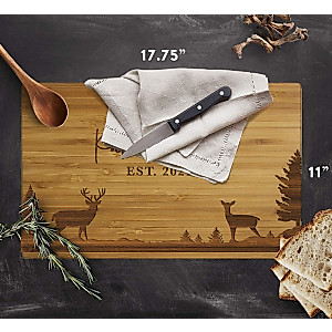 Andaz Press Personalized Large Bamboo Wood Cutting Board Gift, 17.75 x 11-inch, James & Emma, Est. 2024, Rustic Deer Forest, 1-Pack, Custom Engraved Serving Chopping Board Christmas