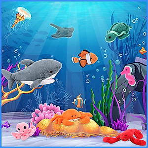 Zomiboo 18 Inch Plush Great White Shark with 7 Pcs of Soft Stuffed Sea Animals Include Manta Ray, Seahorse, Crab, Clown Fish, Turtle, Octopus and Lobster, Gift for Friend Kids