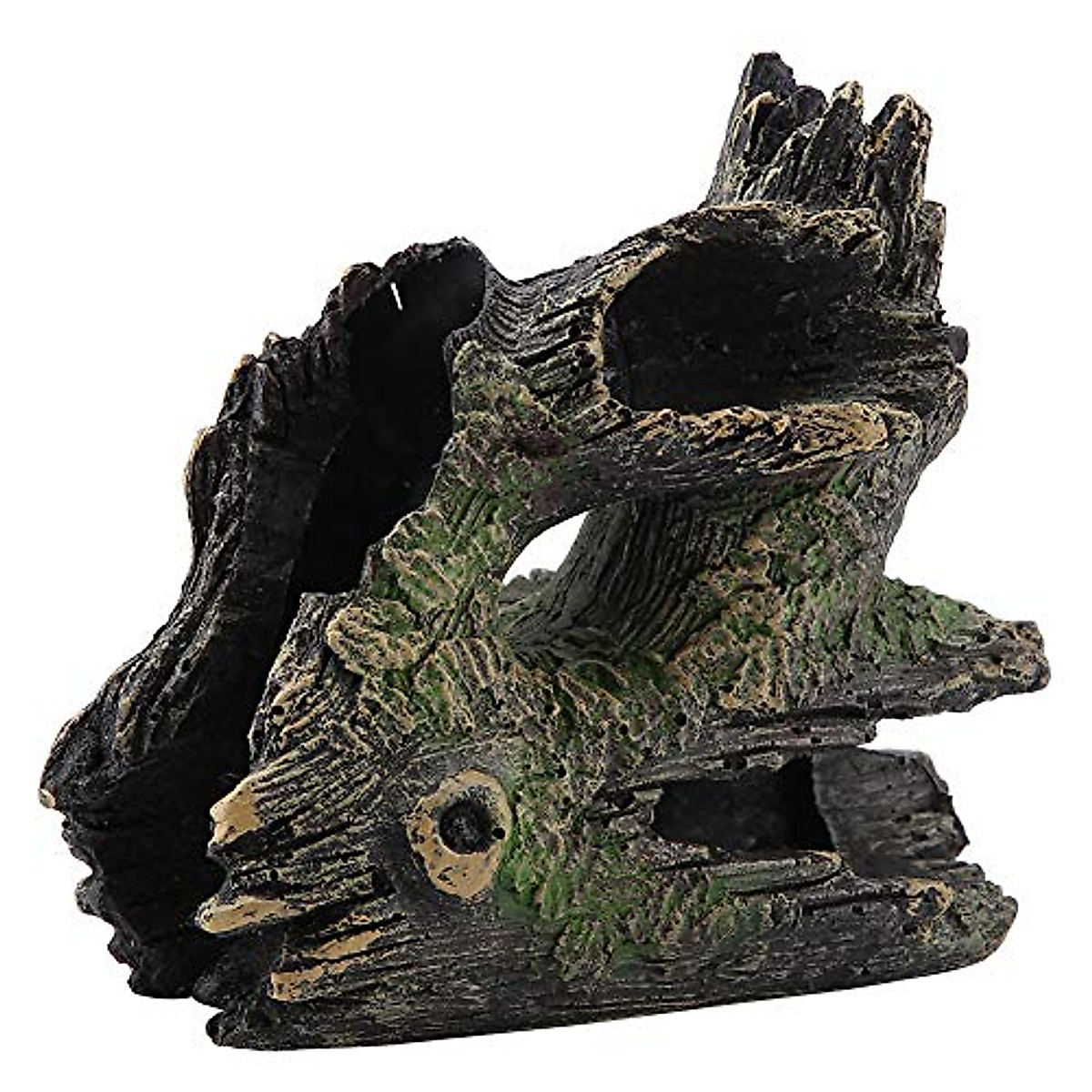 Tiiyee Aquarium Hollow Tree Trunk Ornament, Fish Decor with Moss Artificial Driftwood Polyresin Hideout Decoration Ornament for Fish Tank and Landscape Resin Log Hideaway(ST 004C)
