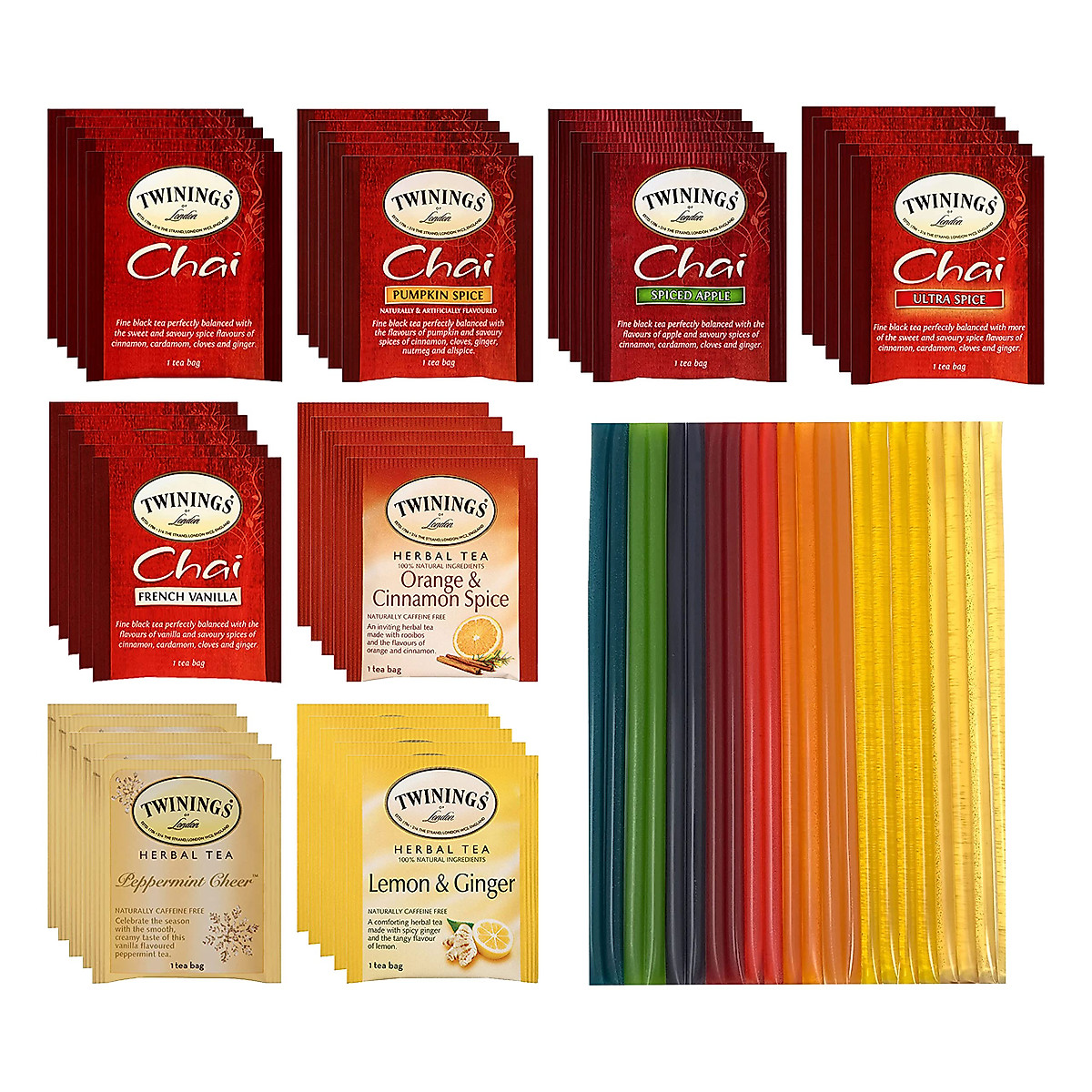 Tea Bunch Tea Variety Tea Bags 40 Tea Bags Individually Wrapped Herbal Tea Bags and Twinnings Black Tea Variety Pack Comes in 8 Types of Teas with 20 Honey Sticks 61.0 Count