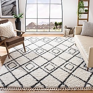 SAFAVIEH Moroccan Tassel Shag Collection Area Rug - 5'3" x 7'6", Ivory & Dark Grey, Boho Design, Non-Shedding & Easy Care, 1.5-inch Thick Ideal for High Traffic Areas in Living Room, Bedroom (MTS335A)