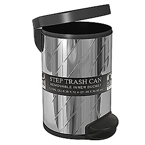 nu steel 5 Liter Round Small Metal Step Trash Can Wastebasket, Garbage Container Bin - for Bathroom, Powder Room, Bedroom, Kitchen, Office - Removable Liner Bucket - 8" x 8" x 12" – Shiny Steel