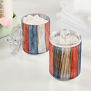 Qtip Holder Dispenser Patriotic Wooden Boards Plastic Apothecary Jar Containers for Vanity Makeup Organizer Storage Bathroom Organizer